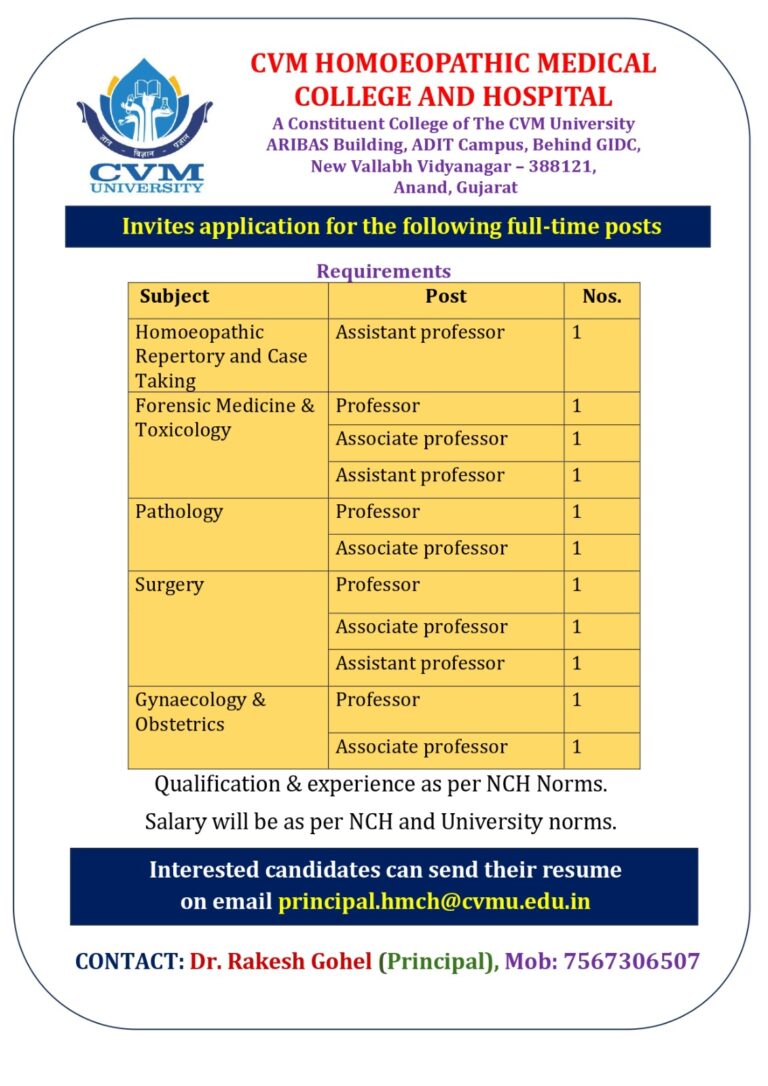 Vacancies at CVM Homoeopathic Medical College And Hospital, Anand ...
